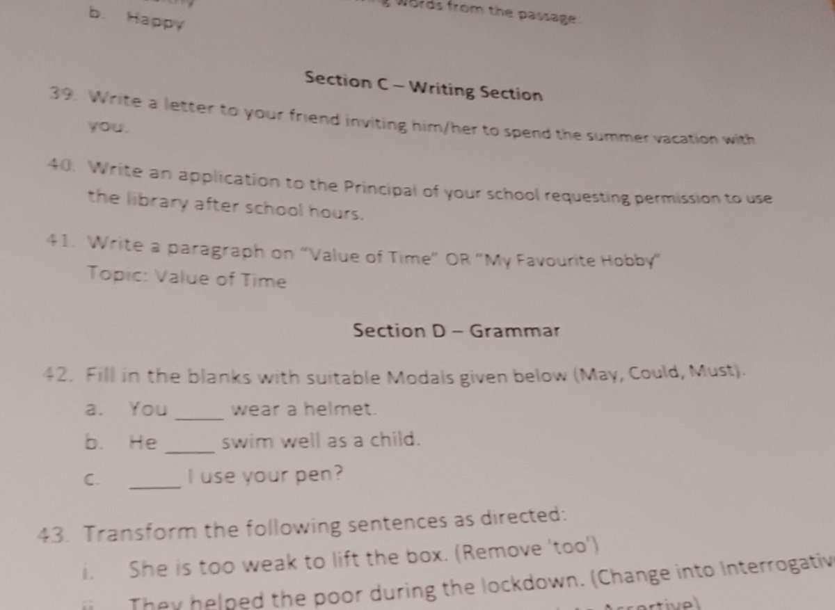 Section C – Writing Section Write a letter to your friend inviting him/h..