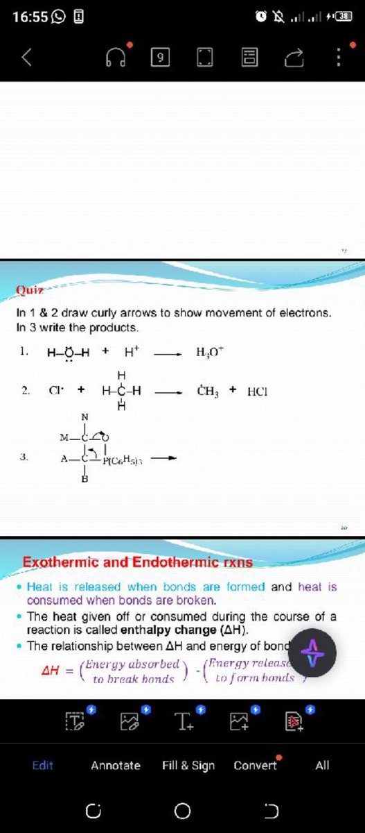 Quiz In 1 & 2 draw curly arrows to show movement of electrons. In 3 write..