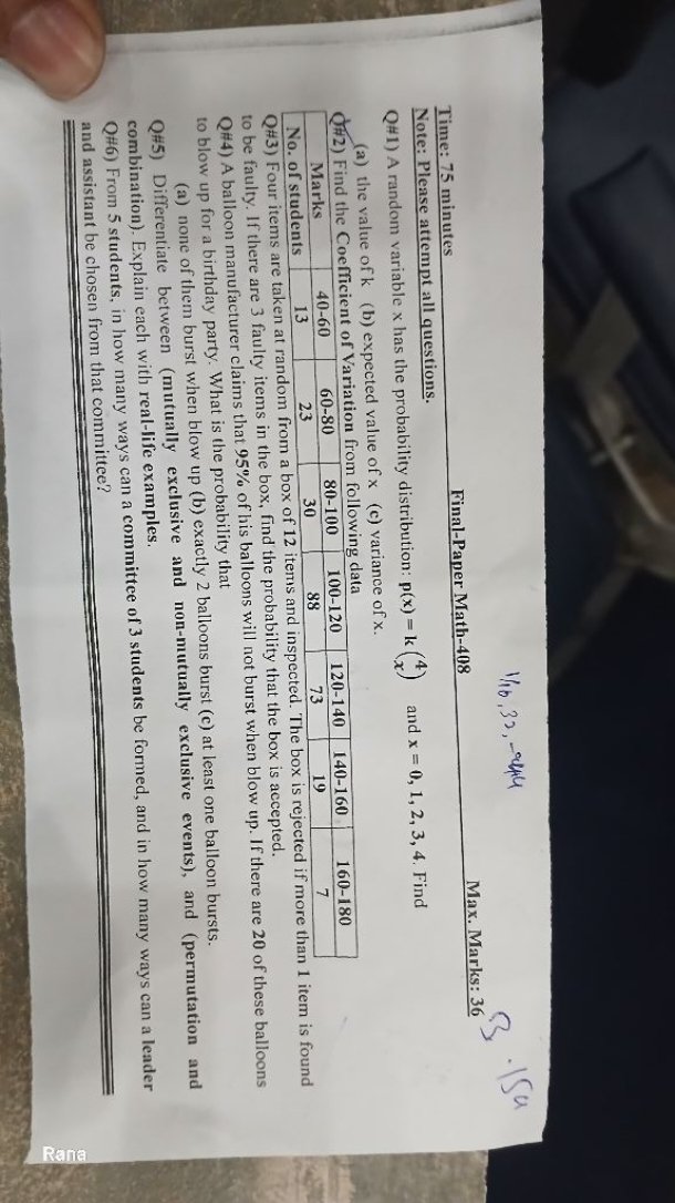 Note: Please attempt all questions. Q#1) A random variable x has the pro..