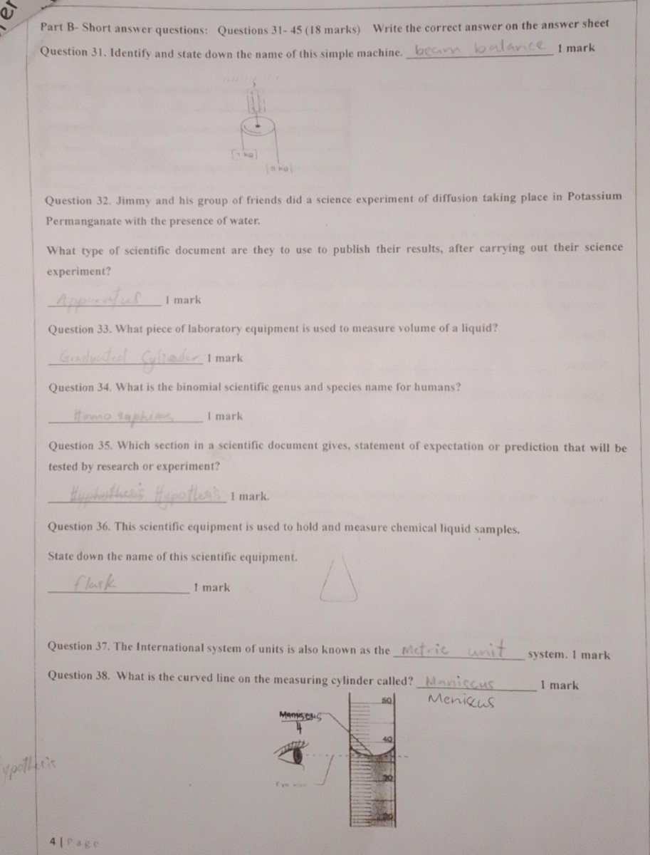 Part B- Short answer questions: Questions 31-45 (18 marks) Write the corr..