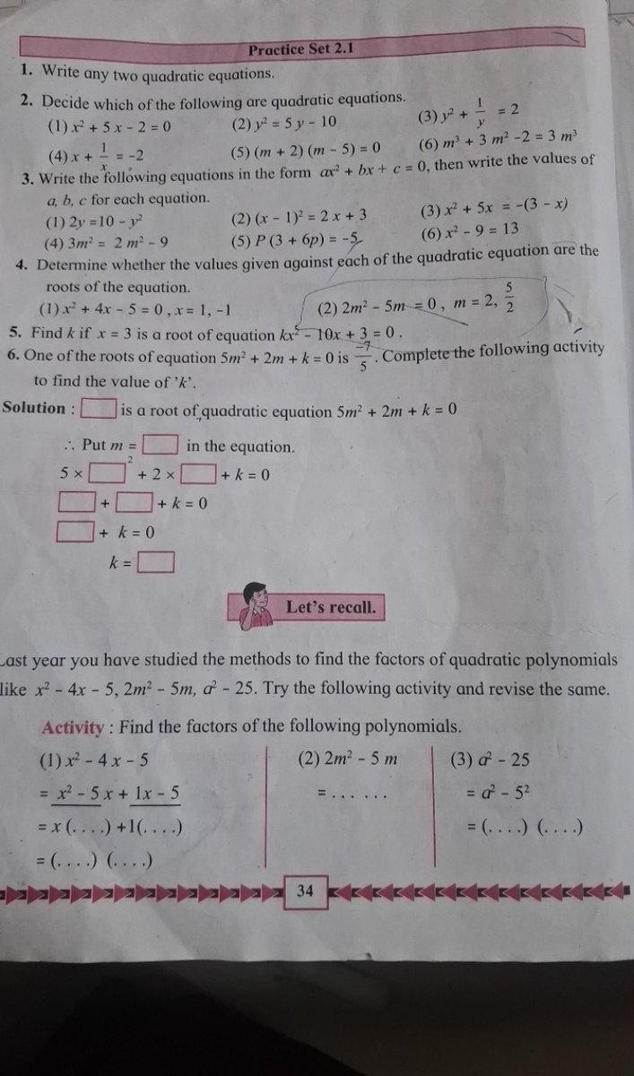 Here are the questions from Practice Set 2.1: Write any two quadratic eq..