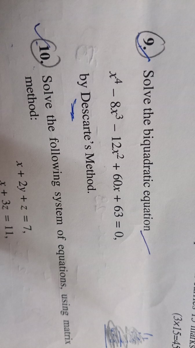 Solve the biquadratic equation x^4 - 8x^3 - 12x^2 + 60x + 63 = 0, by Desc..