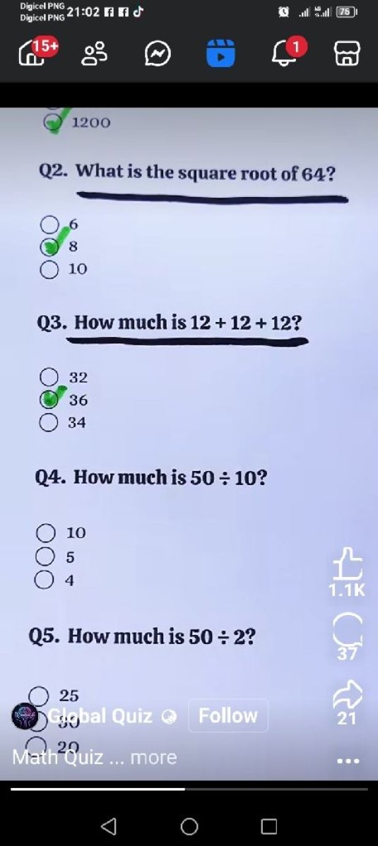 Q2. What is the square root of 64? Q3. How much is 12 + 12 + 12? Q4. Ho..
