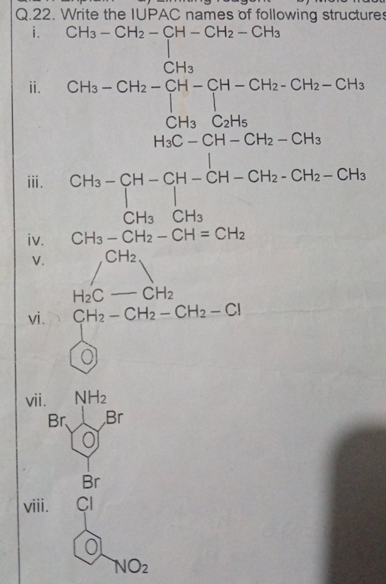 Q.22. Write the IUPAC names of following structures i. CH₃-CH₂-CH(CH₃)-CH..