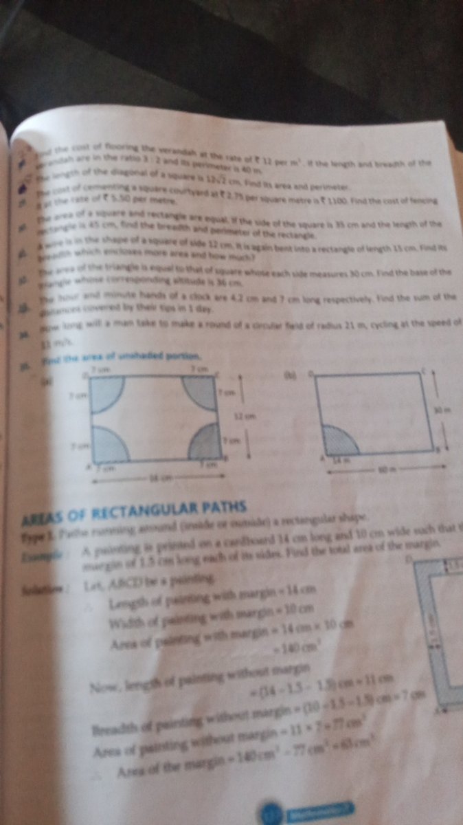 Find the area of the unshaded portion. (a) Diagram of a rectangle with d..