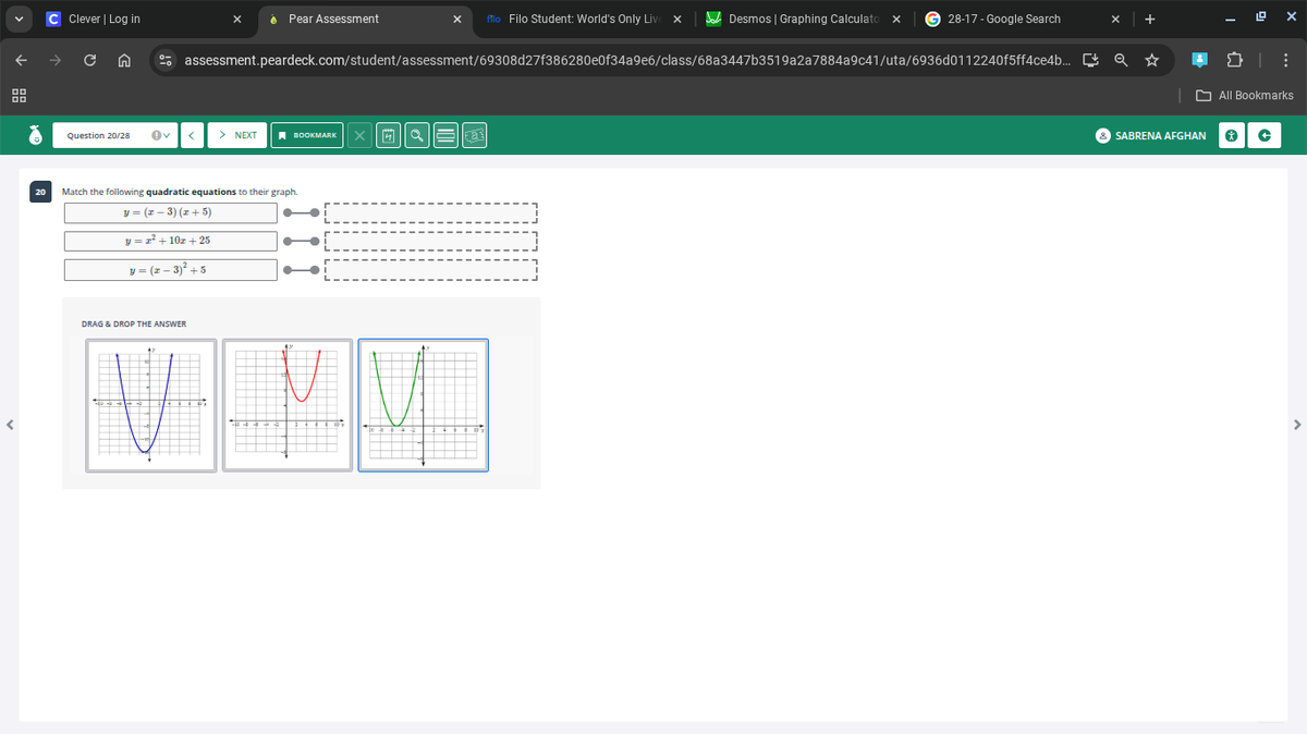 Match the following quadratic equations to their graph. y = (x-3)(x+5) y..
