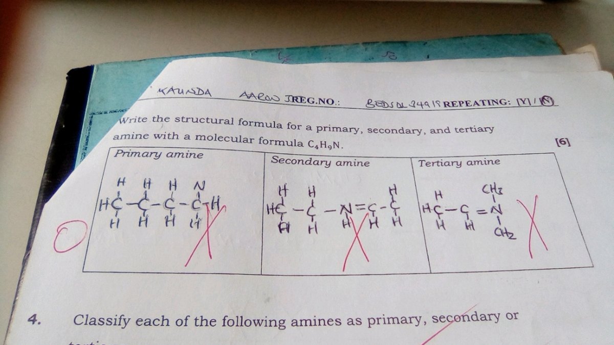 Write the structural formula for a primary, secondary, and tertiary amine..