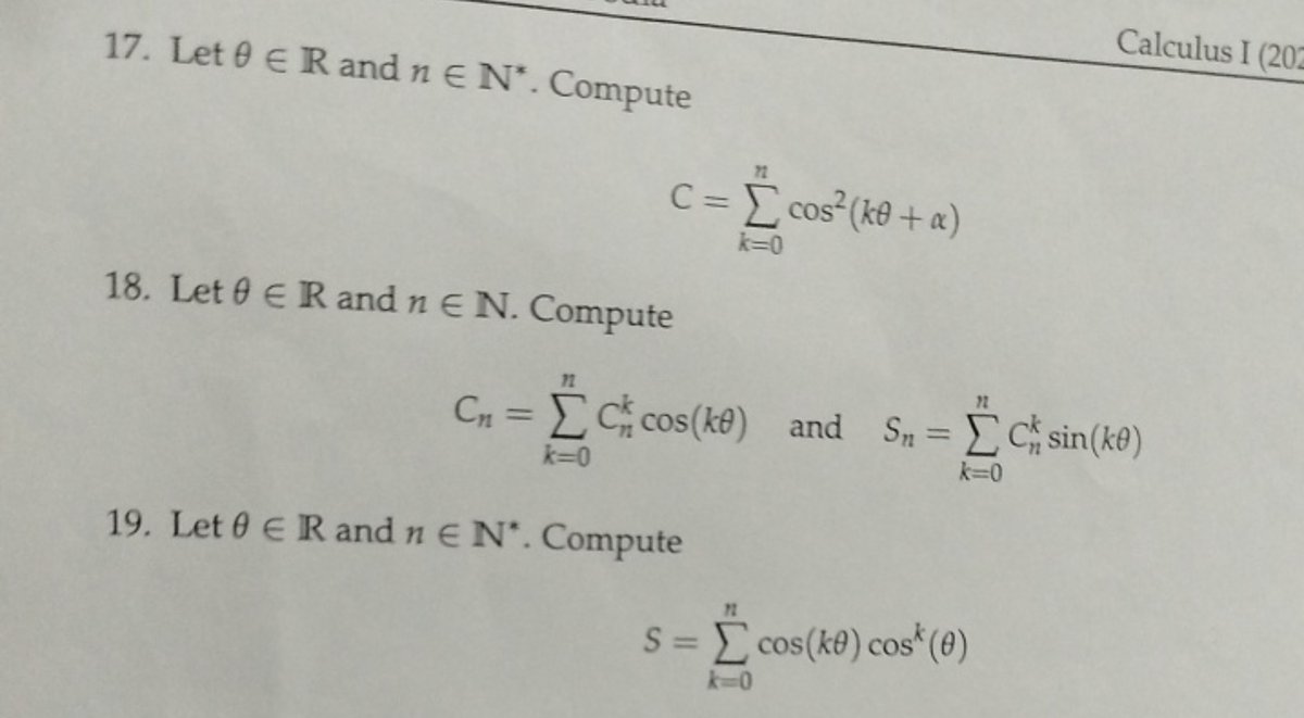 Let \theta \in \mathbb{R} and n \in \mathbb{N}^*. Compute C = \sum_{k=0}..