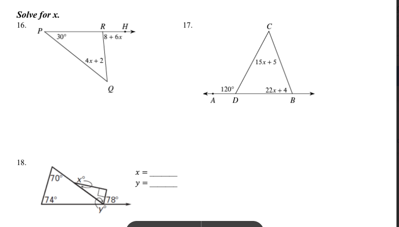 Solve for x. A diagram shows a triangle PQR with an extended line from R..