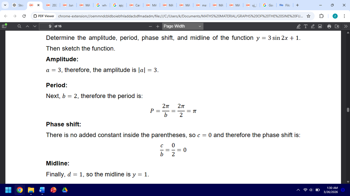 Determine the amplitude, period, phase shift, and midline of the function..