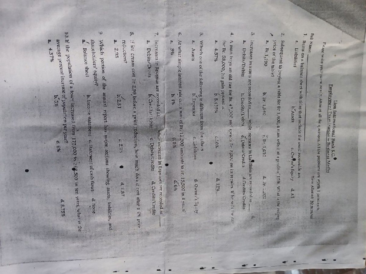 Lion International Bank S.C. Employment Examination - Business Maths Ple..