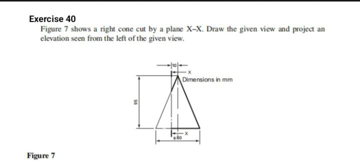 Exercise 40 Figure 7 shows a right cone cut by a plane X-X. Draw the giv..