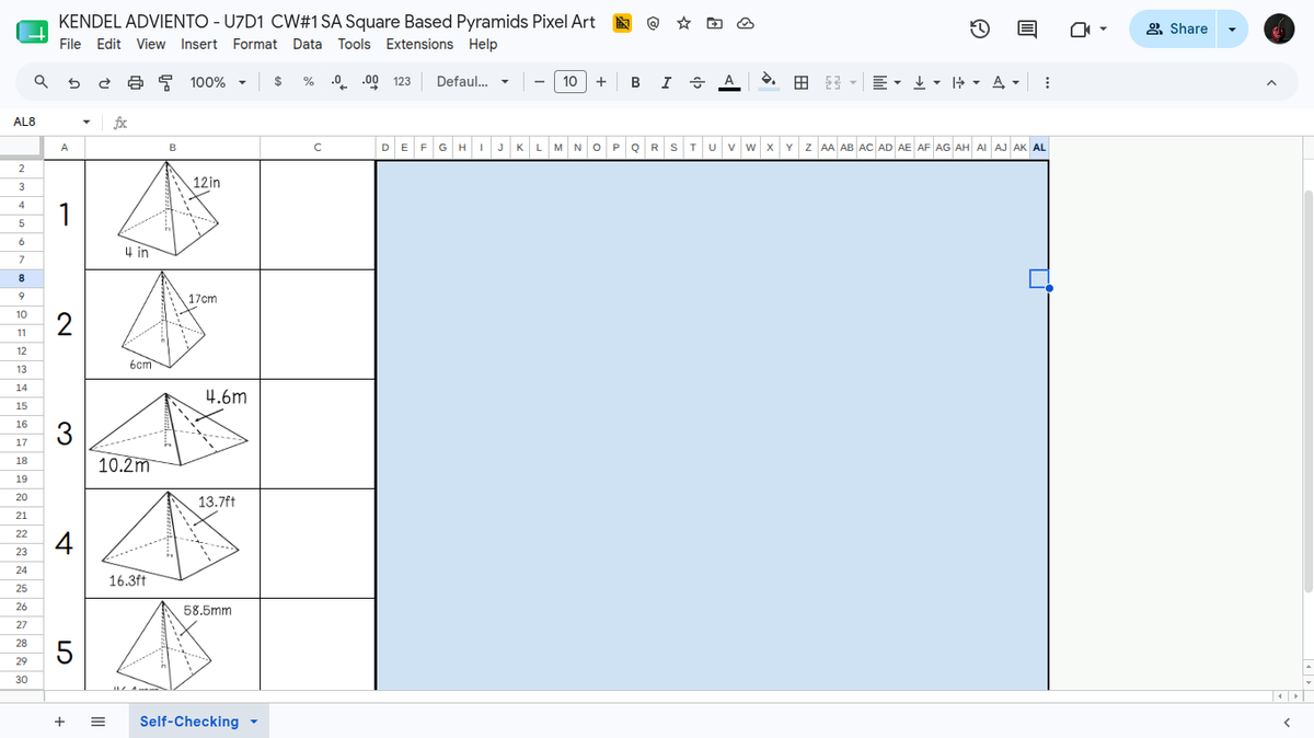 The image displays a spreadsheet with five problems, each showing a squar..