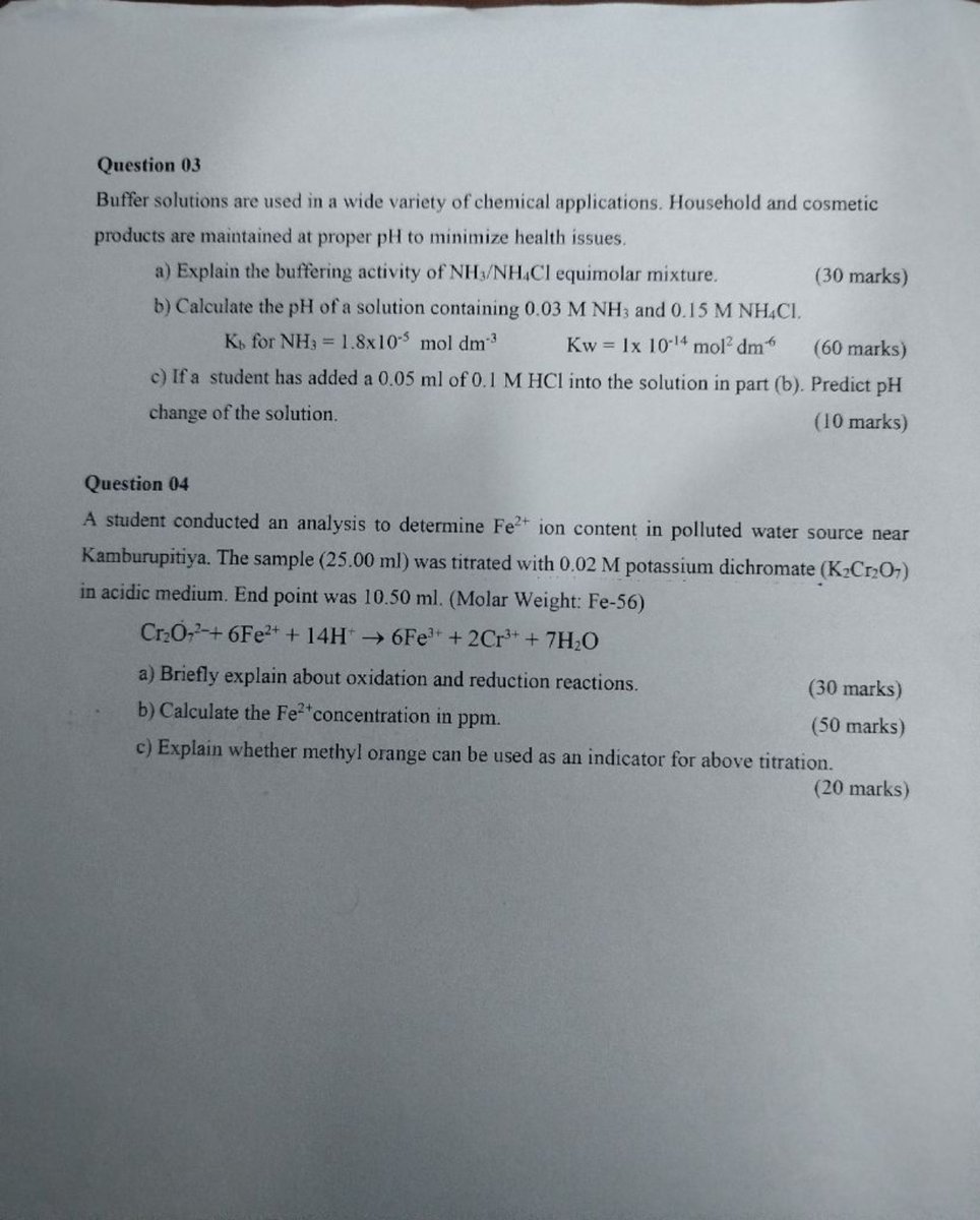 Question 03 Buffer solutions are used in a wide variety of chemical appli..