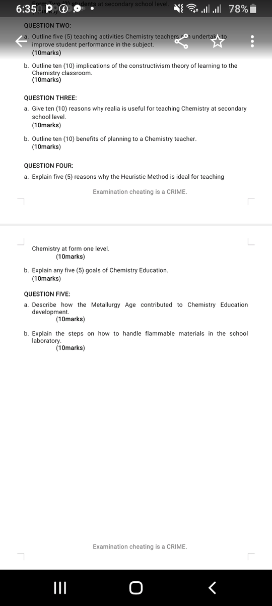 QUESTION TWO: a. Outline five (5) teaching activities Chemistry teachers