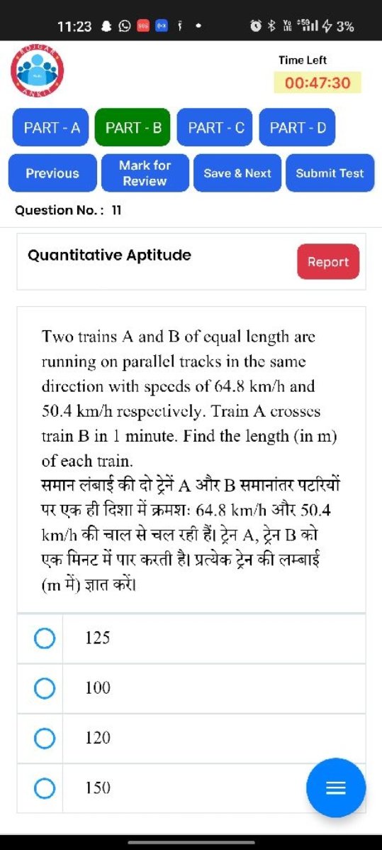 Two trains A and B of equal length are running on parallel tracks in the