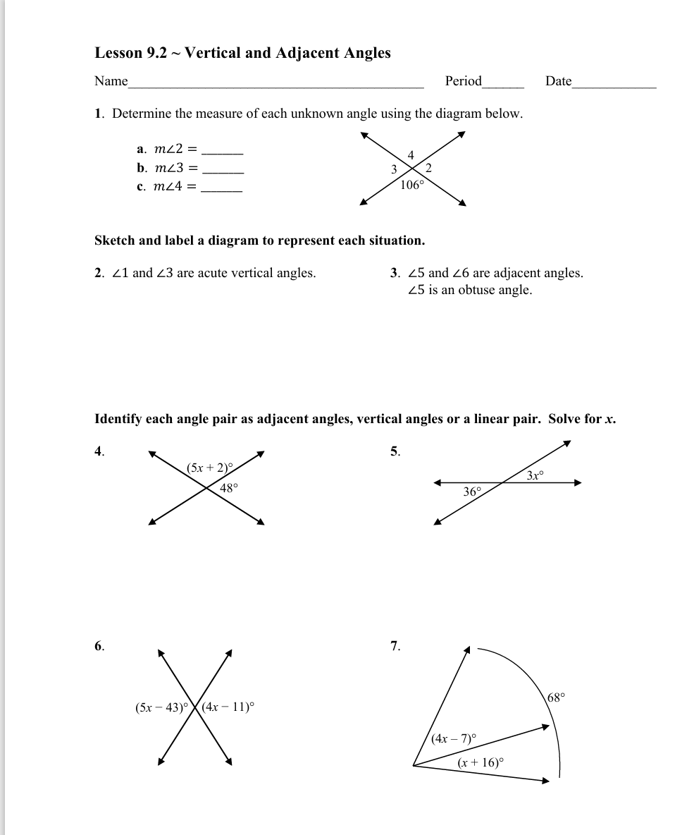 Lesson 9.2 ~ Vertical and Adjacent Angles Name _ Period _ Date ___ Dete..
