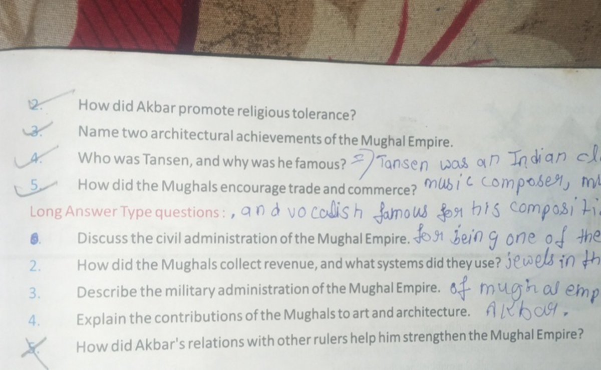 Here are some questions about the Mughal Empire: Short Answer Type Quest..