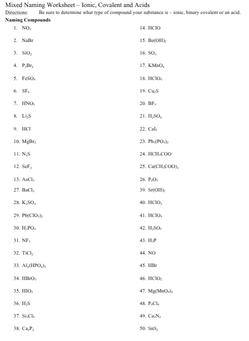 Mixed Naming Worksheet – Ionic, Covalent and Acids Directions: Be sure t..