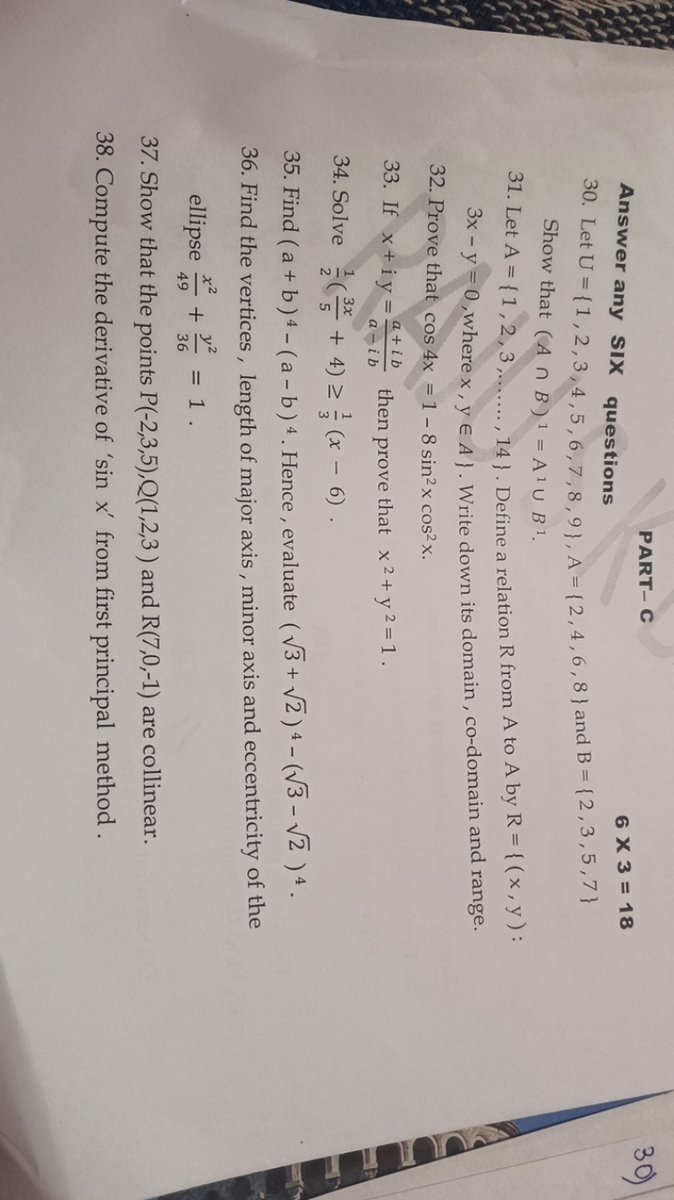 Answer any SIX questions PART-C 6 X 3 = 18 Let U = {1,2,3,4,5,6,7,8,9},..