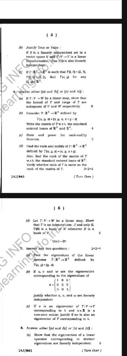 Here are several questions related to Linear Algebra: Question 3 (b) Ju..
