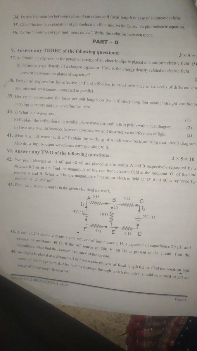 V. Answer any THREE of the following questions: a) Obtain an expression f..