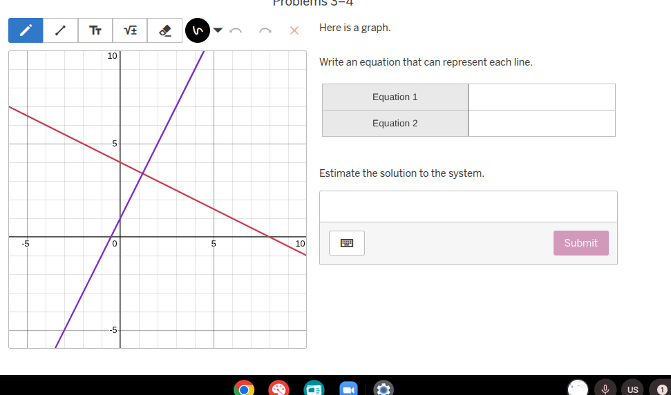 Here is a graph. Write an equation that can represent each line. Equati..
