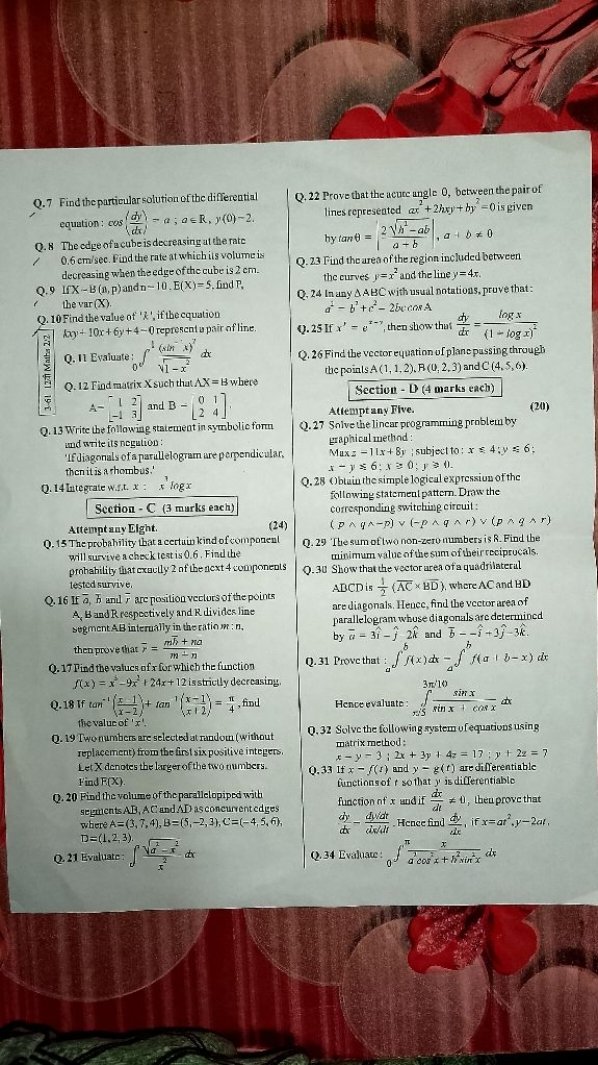 Q.7 Find the particular solution of the differential equation: cos(dy/dx)..