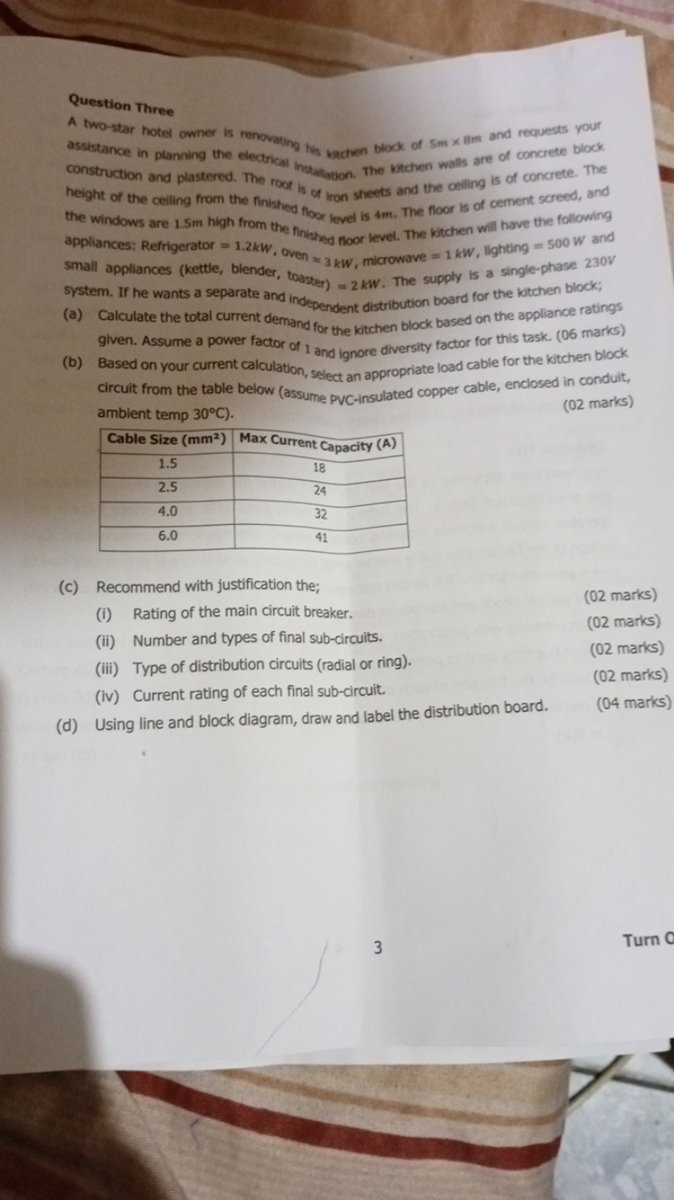 Question Three A two-star hotel owner is renovating his kitchen block of