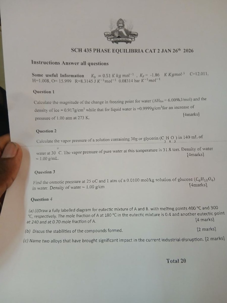 SCH 435 PHASE EQUILIBRIA CAT 2 JAN 26th 2026 Instructions Answer all que..
