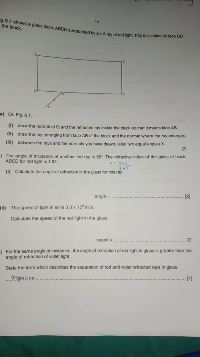 g. 6.1 shows a glass block ABCD surrounded by air. A ray of red light, PQ..
