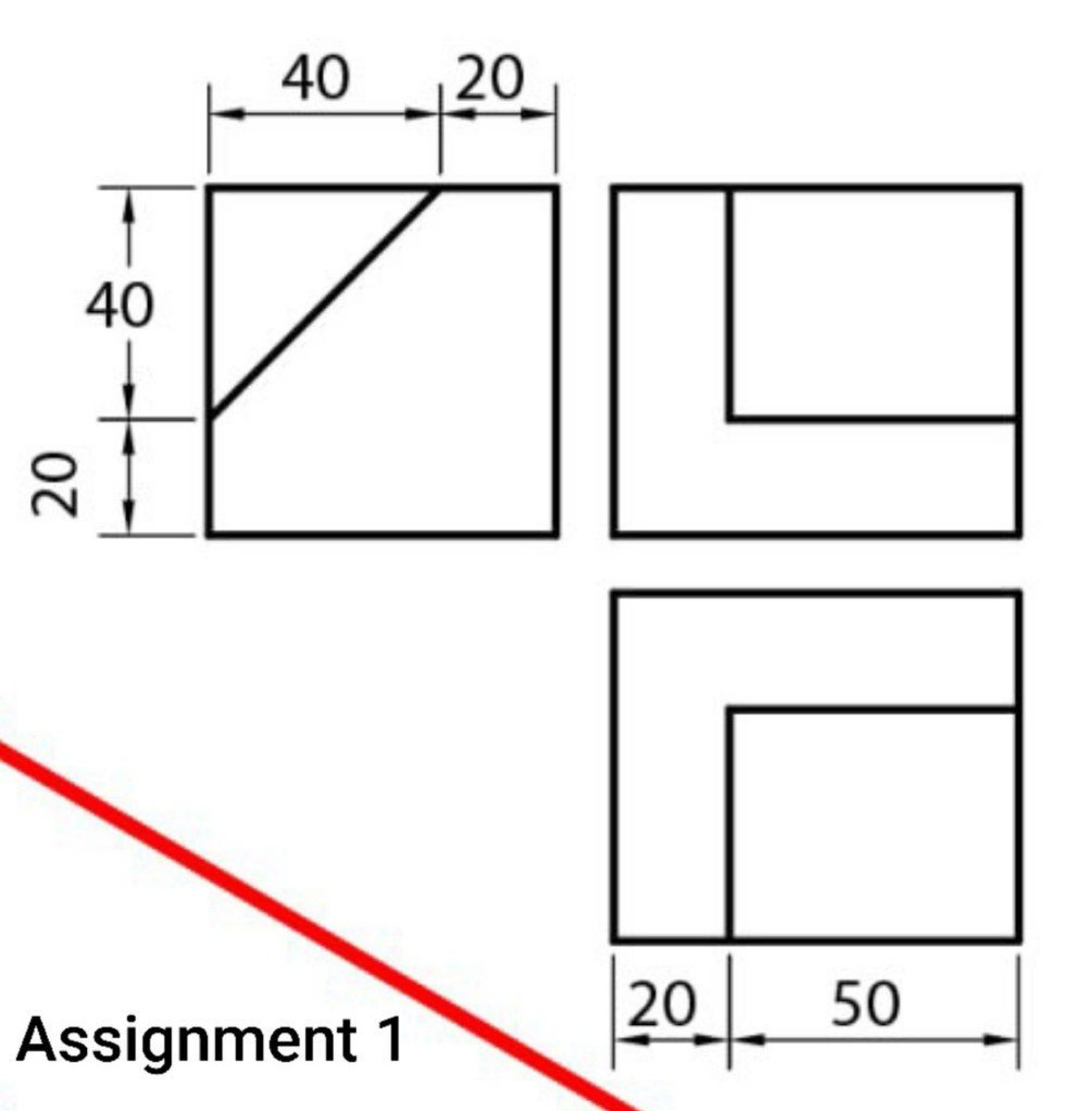 The image shows three orthographic projections of an object with dimensio..