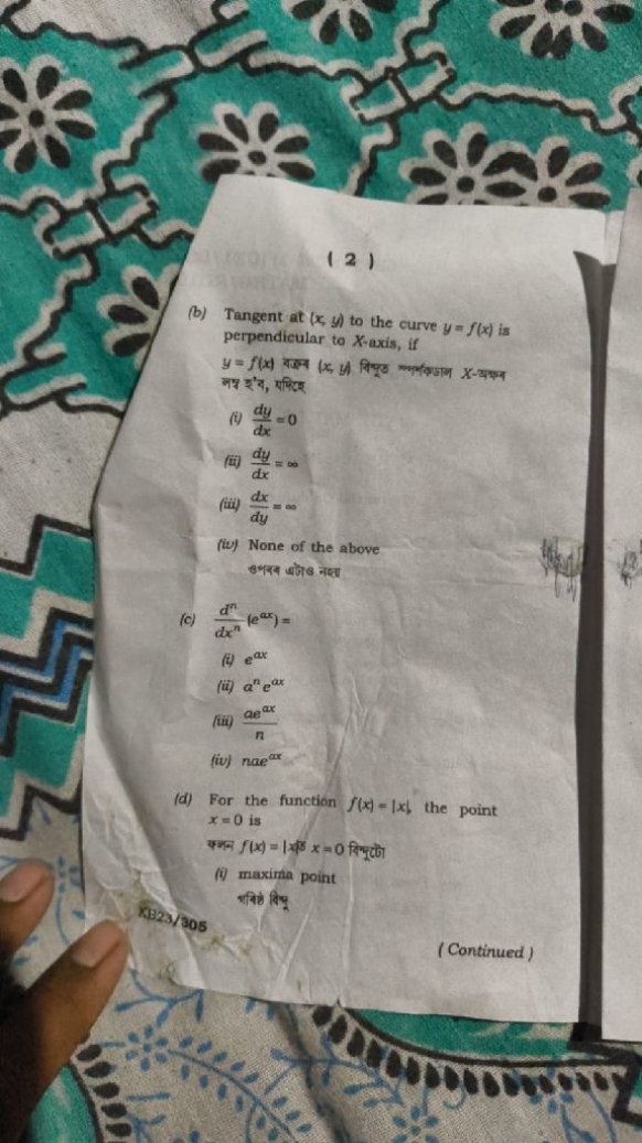 (b) Tangent at (x, y) to the curve y = f(x) is perpendicular to X-axis, i..