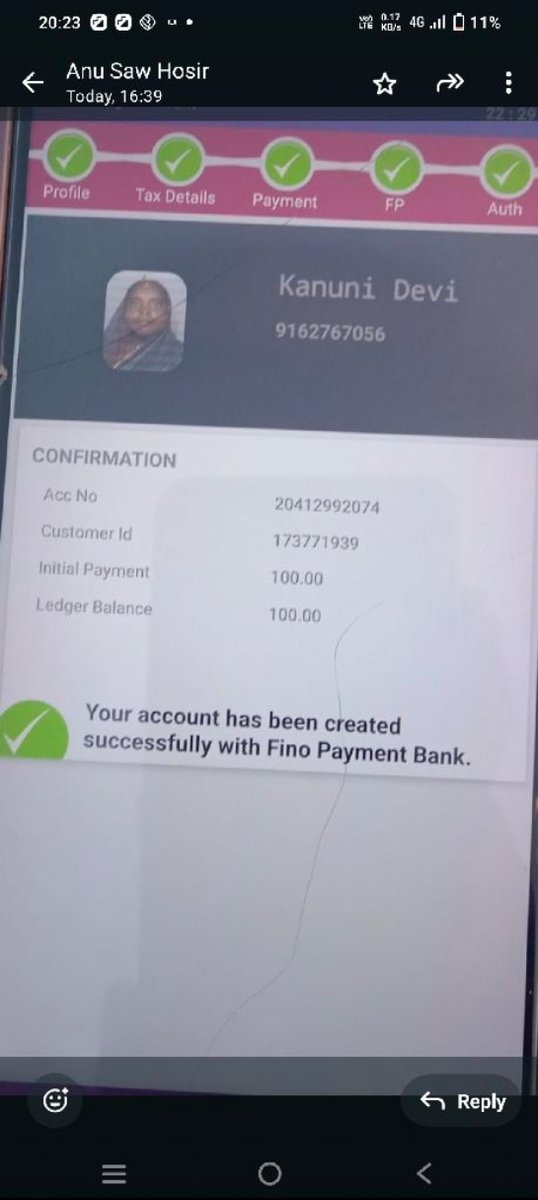 The image shows a confirmation screen from Fino Payment Bank, indicating