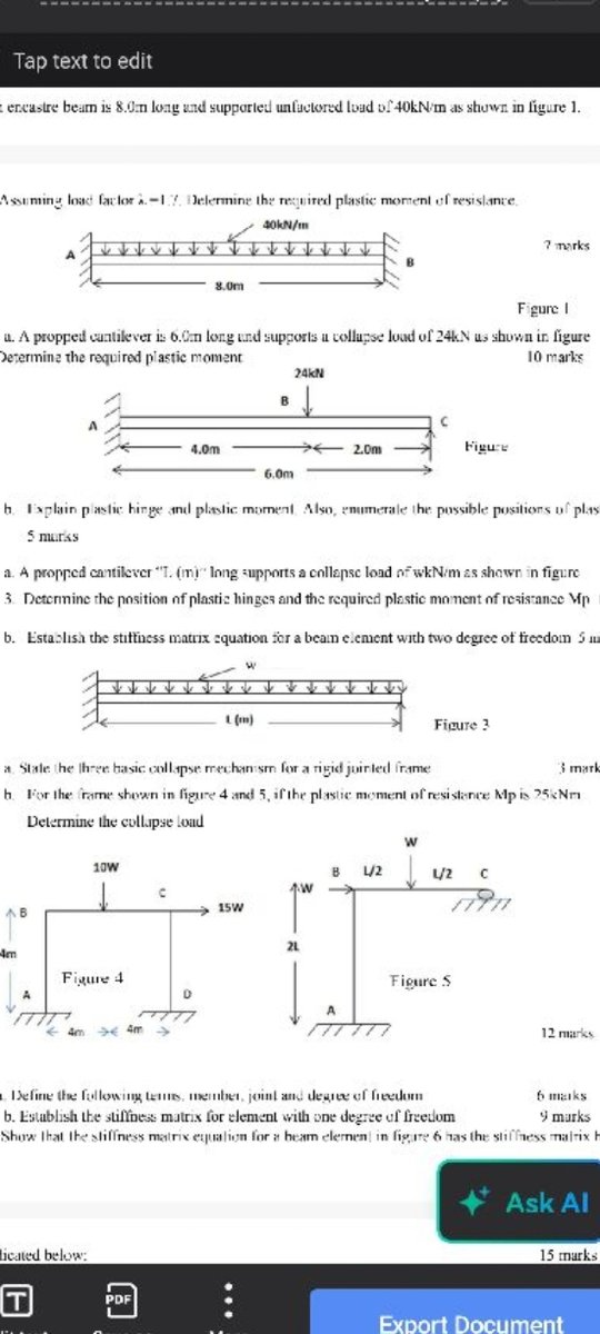 Here are several questions related to structural analysis and plastic des..
