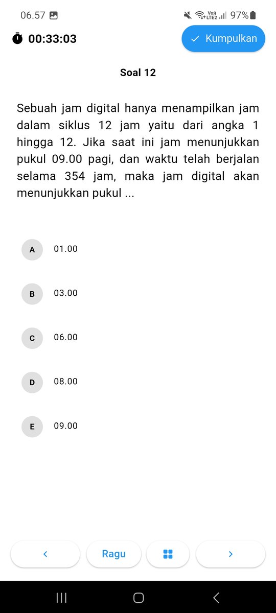 Sebuah jam digital hanya menampilkan jam dalam siklus 12 jam yaitu dari a..