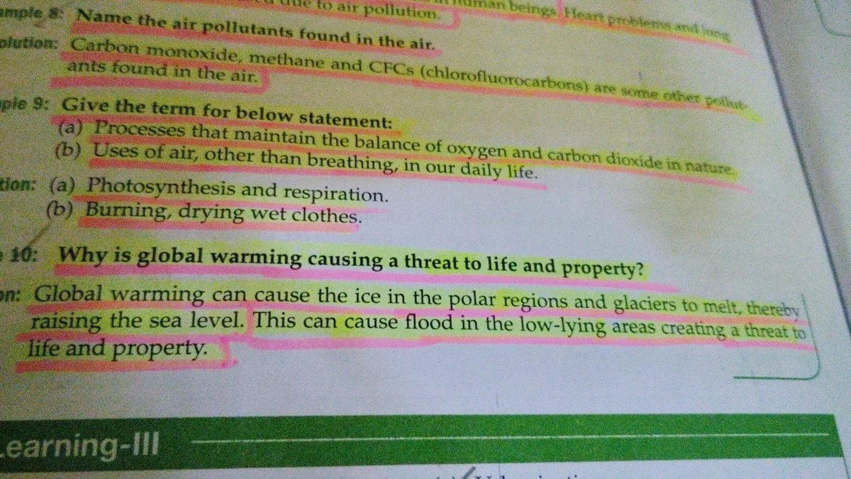 Here are three questions: Example 8: Name the air pollutants found in th..