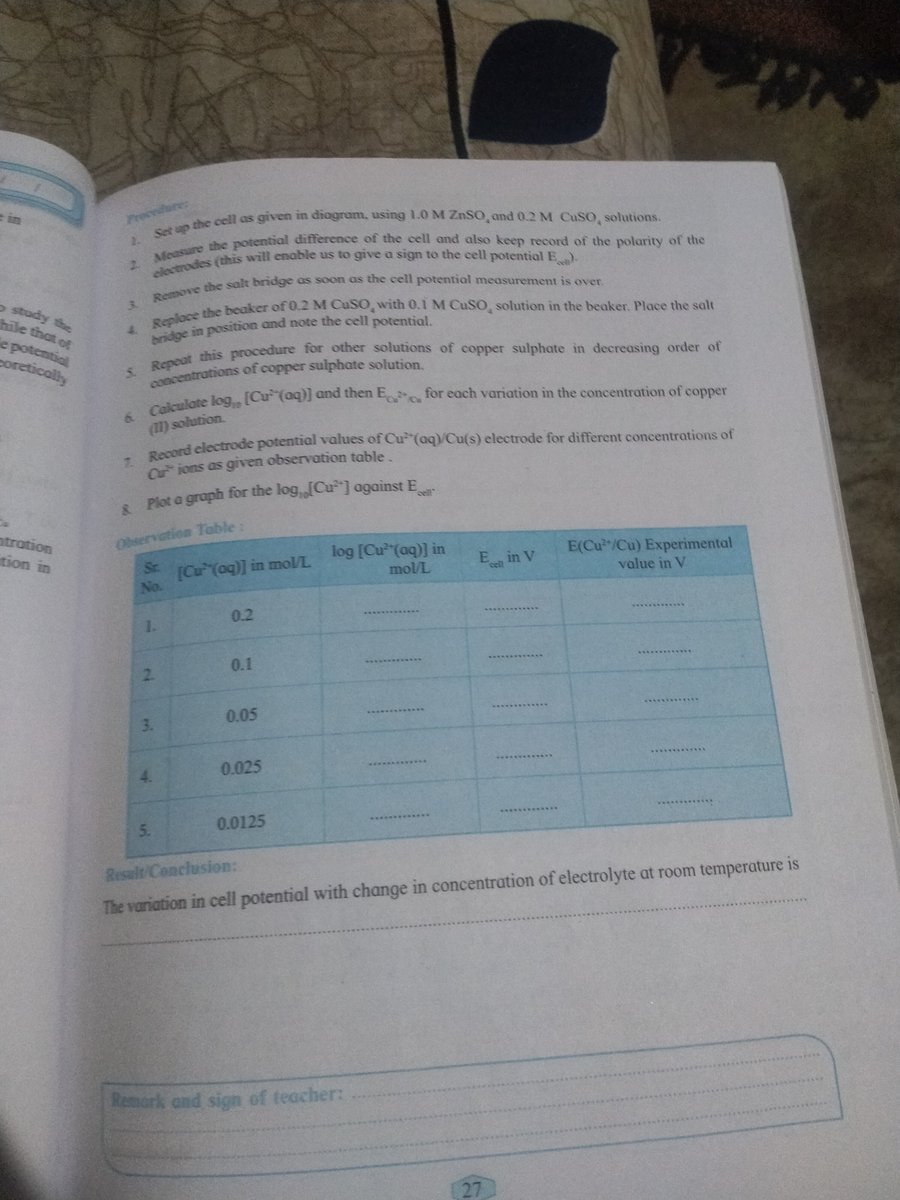 Procedure: Set up the cell as given in diagram, using 1.0 M ZnSO₄ and 0.2..