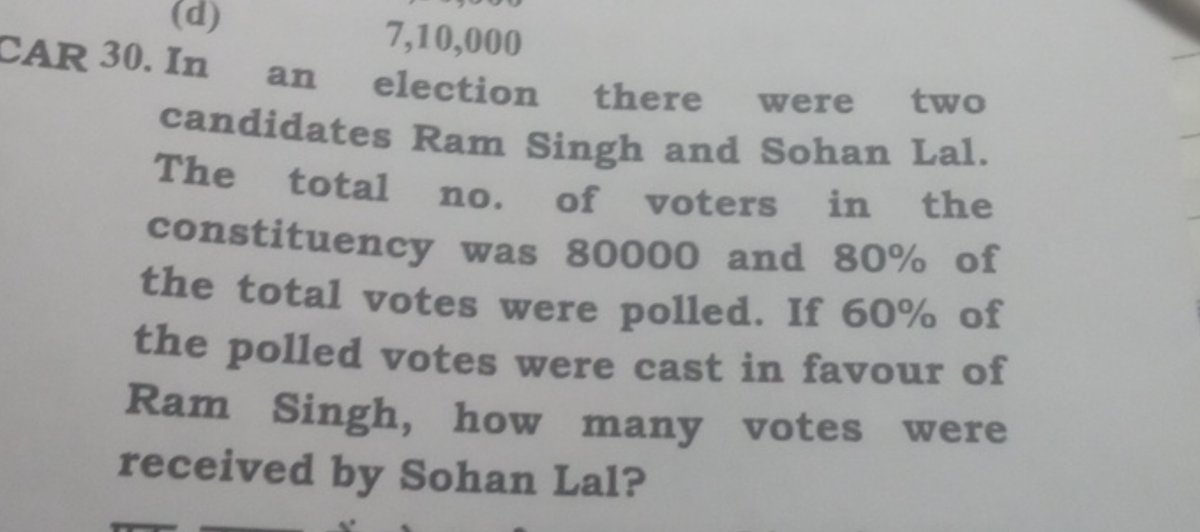 In an election there were two candidates Ram Singh and Sohan Lal. The tot..