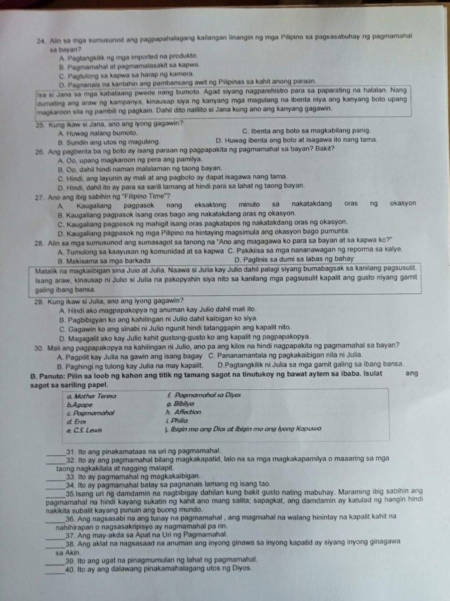 Alin sa mga sumusunod ang pagpapahalagang kailangan linangin ng mga Pilip..