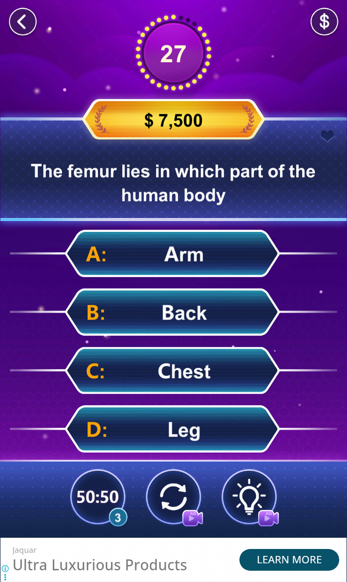 The femur lies in which part of the human body? A. Arm B. Back C. Chest