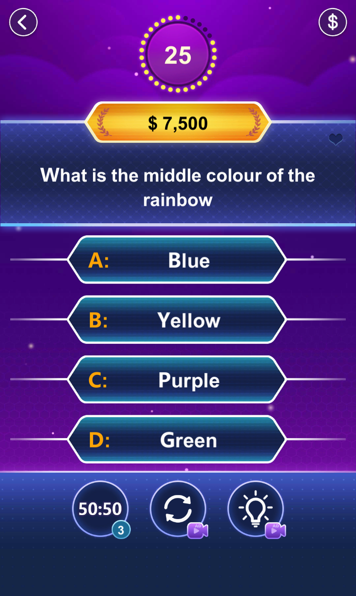 What is the middle colour of the rainbow? A: Blue B: Yellow C: Purple D:..