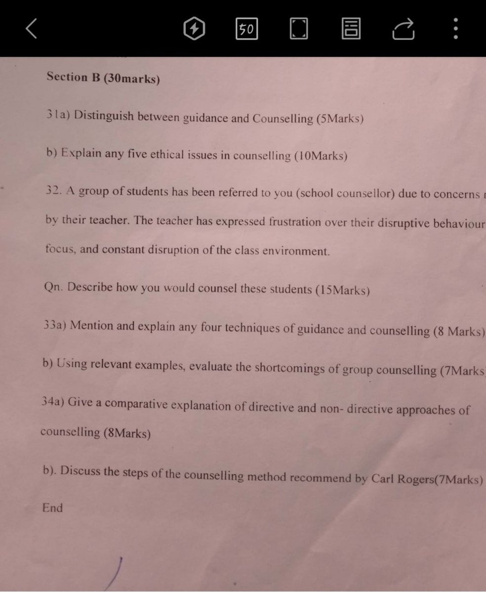 Section B (30 marks) 31a) Distinguish between guidance and Counselling