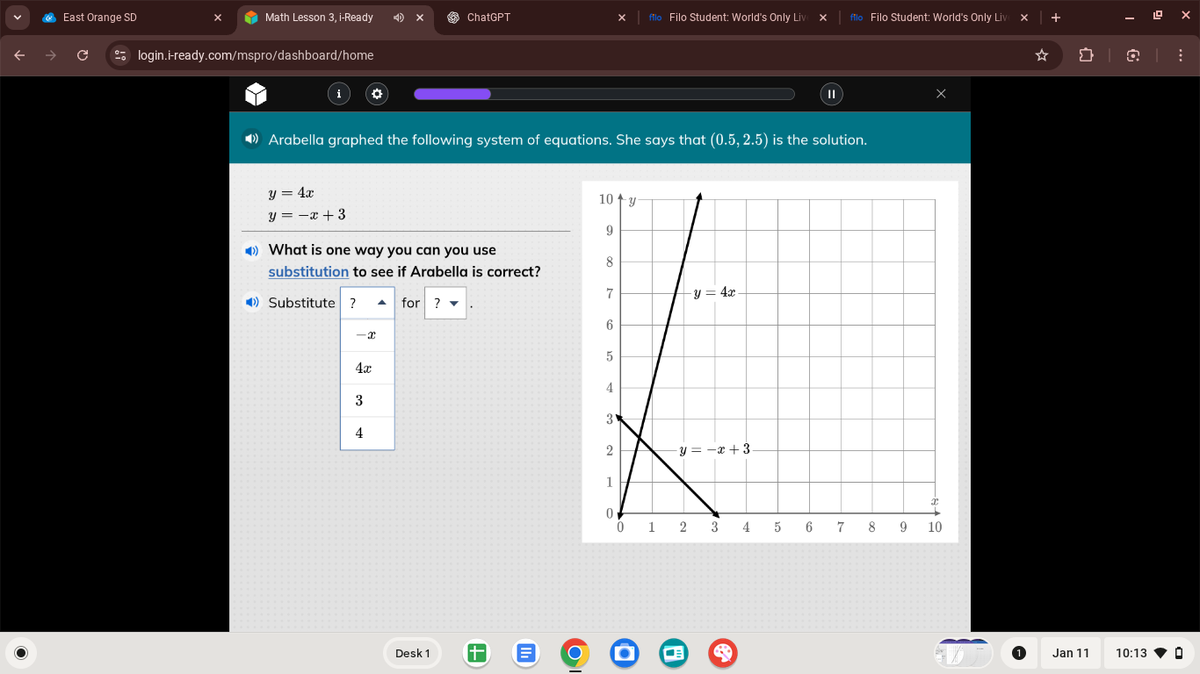 Arabella graphed the following system of equations. She says that (0.5, 2..