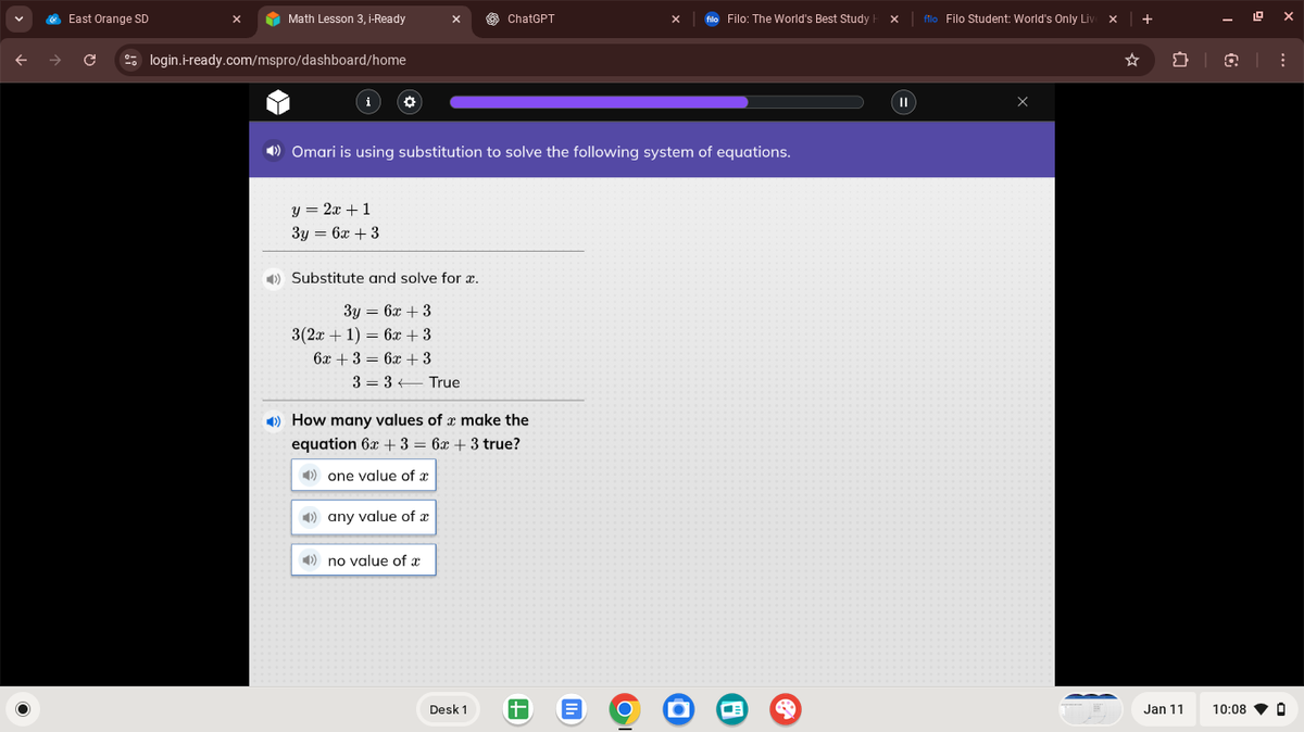 Omari is using substitution to solve the following system of equations.