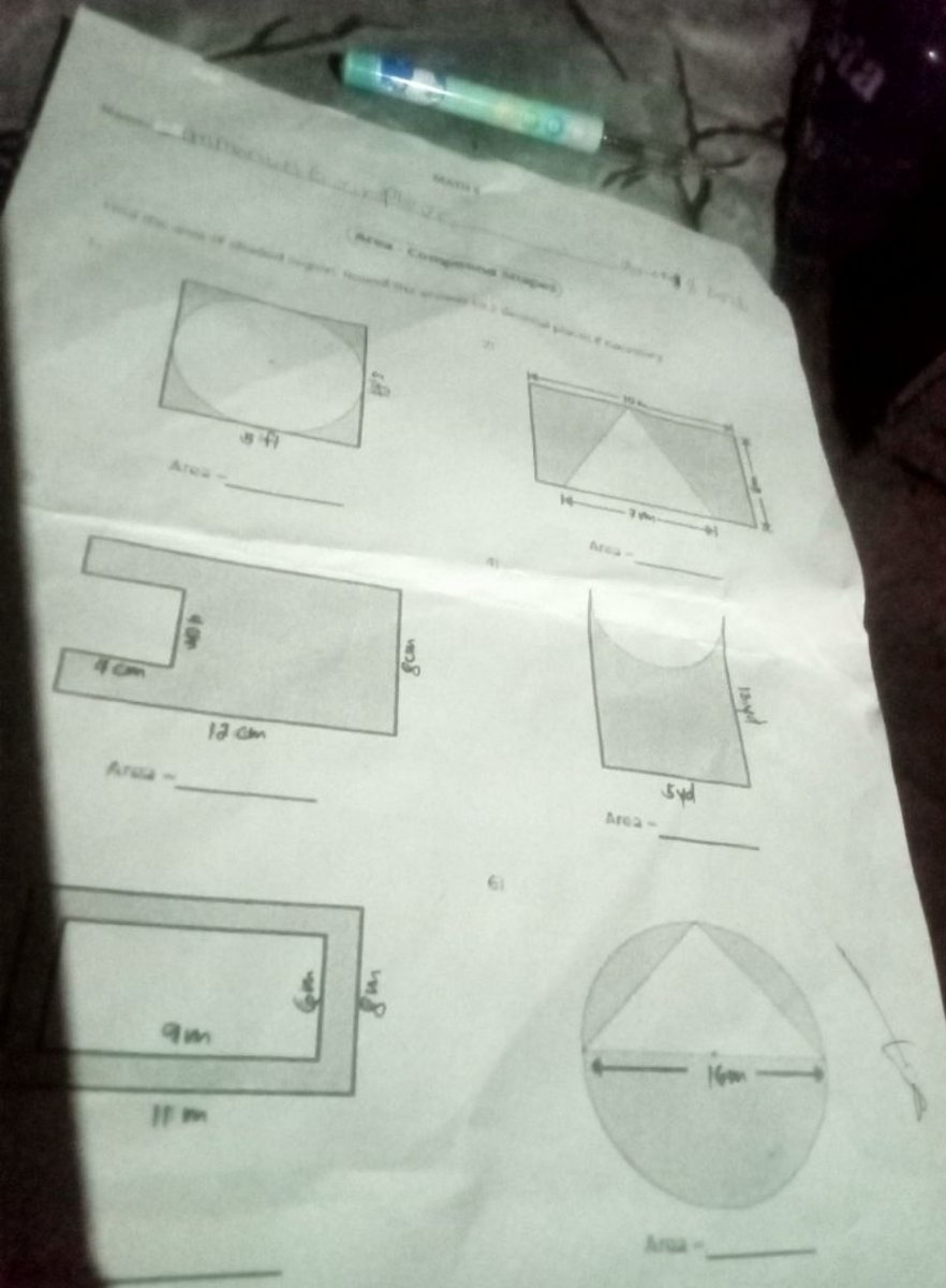 Find the area of the shaded regions in the provided diagrams. Round the a..