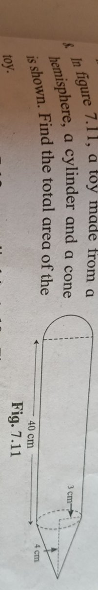 In figure 7.11, a toy made from a hemisphere, a cylinder and a cone is sh..