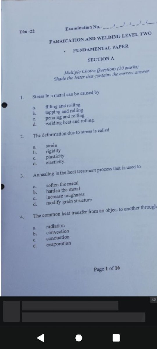 FABRICATION AND WELDING LEVEL TWO FUNDAMENTAL PAPER SECTION A Multiple Ch..