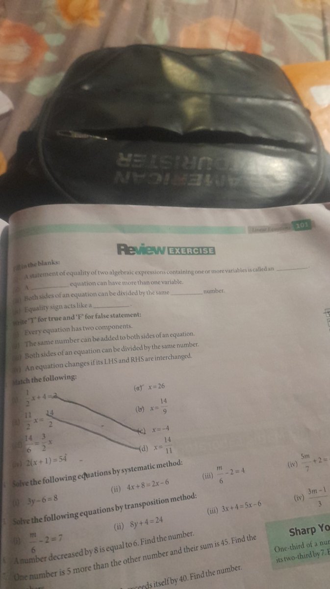 Review EXERCISE Fill in the blanks: A statement of equality of two algeb..