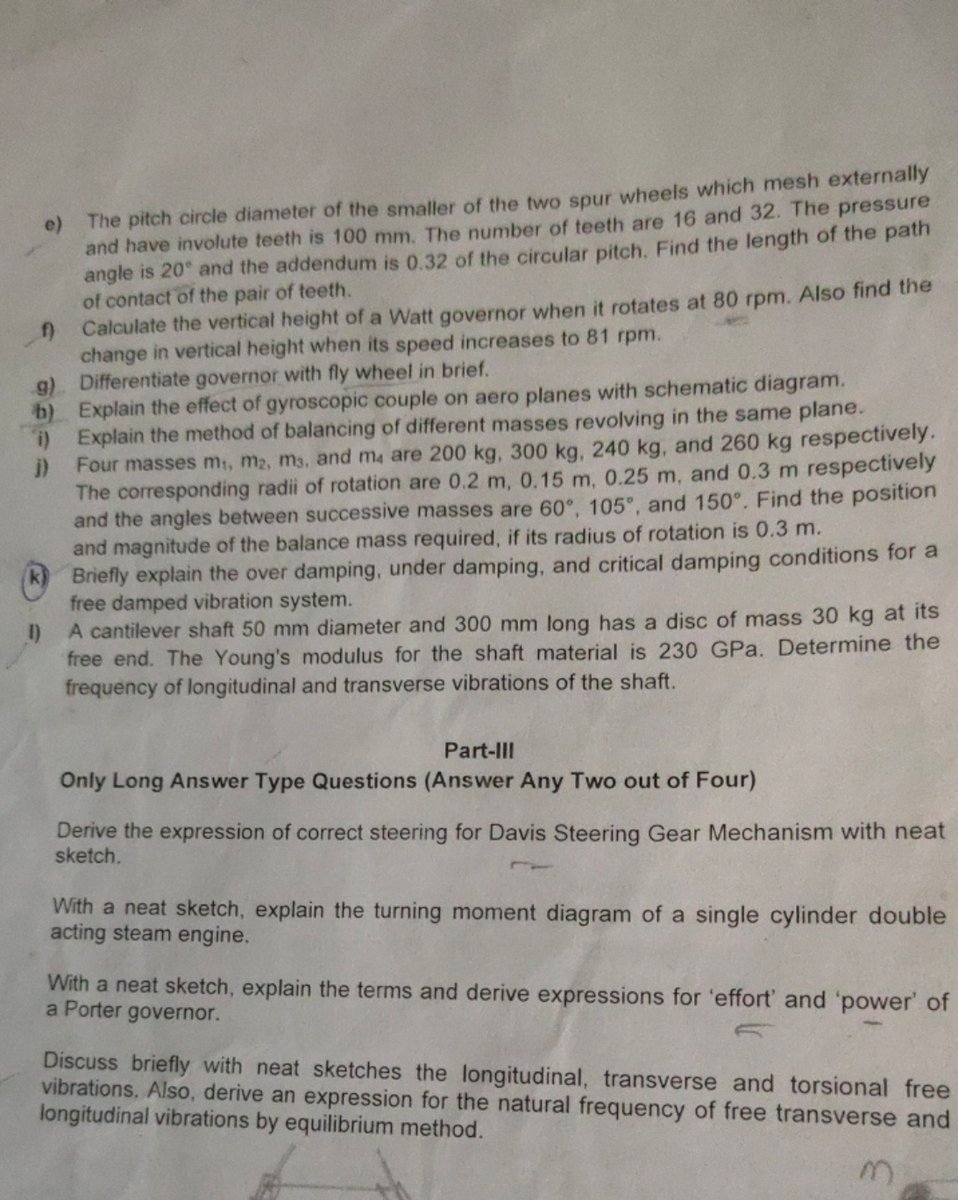Here are several questions related to Mechanical Engineering: e) The pit..